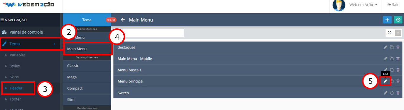 Reset menu principal - Web em Ação - Plataforma e-commerce